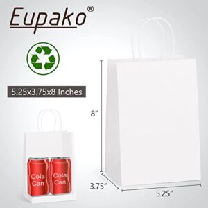 Eupako Kraft Paper Bags with Handles, 5.25x3.75x8 White Small Gift Bags, Kraft Shopping Bags, Party Favor Bags, Retail, Business, Merchandise for Valentine's Day, Mother's Day (Pack of 25)