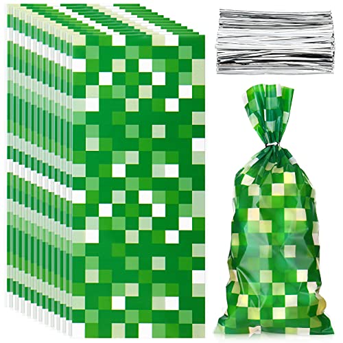 100 Pcs Pixel Mine Party Favors Bags Green Treat Bags St. Patrick's Day Cellophane Candy Bags with 150 Silver Twist Ties for Pixel Themed Birthday Party Supplies Irish Day Party Favor