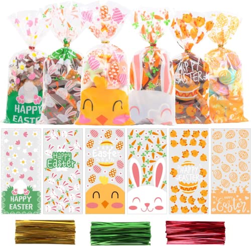 VEYLIN 120Pcs Easter Cellophane Goodie Bags, Plastic Easter Treat Bags Candy Cookie Bags with 150pcs Twist Ties 5” x 11”