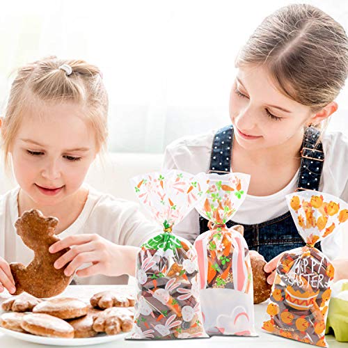 VEYLIN 120Pcs Easter Cellophane Goodie Bags, Plastic Easter Treat Bags Candy Cookie Bags with 150pcs Twist Ties 5” x 11”