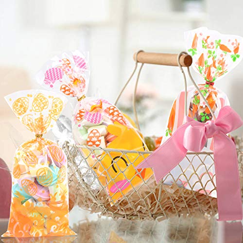 VEYLIN 120Pcs Easter Cellophane Goodie Bags, Plastic Easter Treat Bags Candy Cookie Bags with 150pcs Twist Ties 5” x 11”