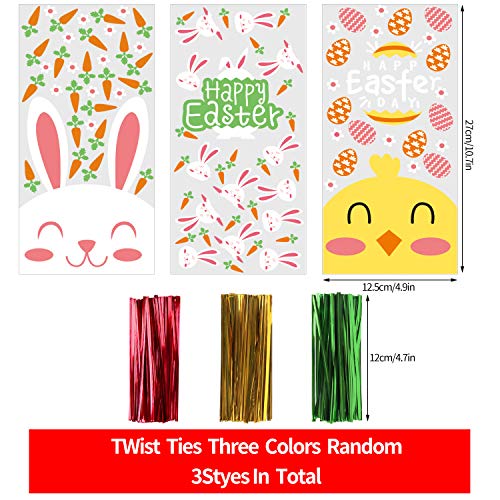 VEYLIN 120Pcs Easter Cellophane Goodie Bags, Plastic Easter Treat Bags Candy Cookie Bags with 150pcs Twist Ties 5” x 11”