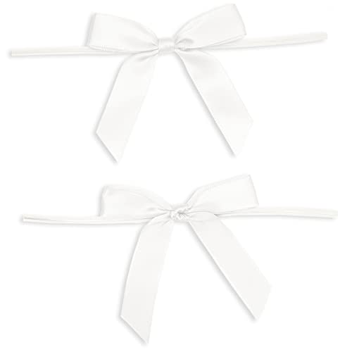 100 Pack White Twist Tie Bows for Crafts, Pre-Tied Satin Ribbon for Gift Wrap Bags, Party Favors, Baked Goods (2.5 x 3 in)