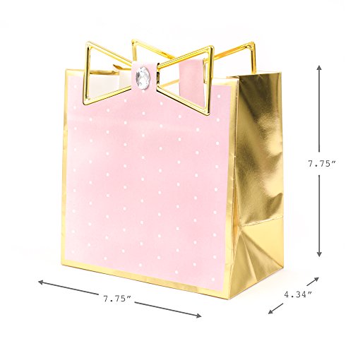 Hallmark Signature 7" Medium Gift Bag (Pink with Gold Border and Metallic Bow) for Mothers Day, Birthdays, Engagements, Valentines Day, Sweetest Day and More