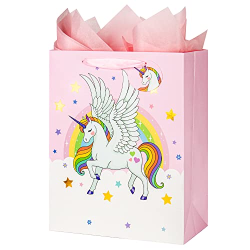 13" Large Gift Bag for Girls and Kids Birthday Baby Shower with Tissue Paper 1-Pack (Unicorn)