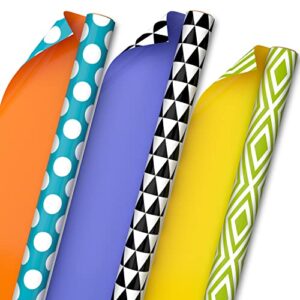 hallmark all occasion reversible wrapping paper (3 rolls; 75 sq. ft. ttl) black and white triangles, dots blue, lime green diamonds, solid yellow, orange, blue for birthdays, halloween, father’s day