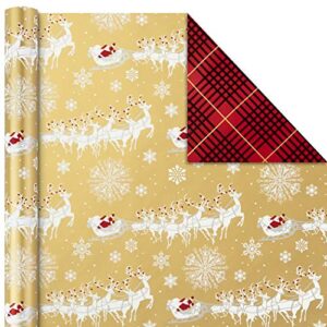 Hallmark Christmas Reversible Wrapping Paper, Classic (Pack of 3, 120 sq. ft. ttl) Red and Gold Snowflakes, Stripes, Plaid, Santa's Sleigh