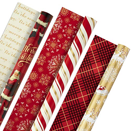 Hallmark Christmas Reversible Wrapping Paper, Classic (Pack of 3, 120 sq. ft. ttl) Red and Gold Snowflakes, Stripes, Plaid, Santa's Sleigh