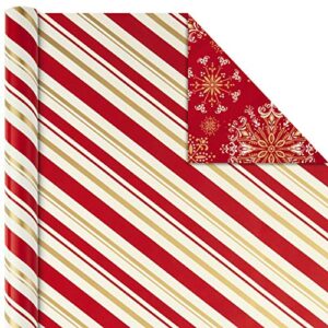 Hallmark Christmas Reversible Wrapping Paper, Classic (Pack of 3, 120 sq. ft. ttl) Red and Gold Snowflakes, Stripes, Plaid, Santa's Sleigh