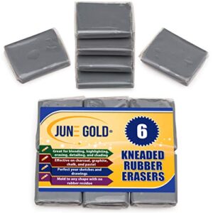 june gold kneaded rubber erasers, gray, 6 pack – blend, shade, smooth, correct, and brighten your sketches and drawings