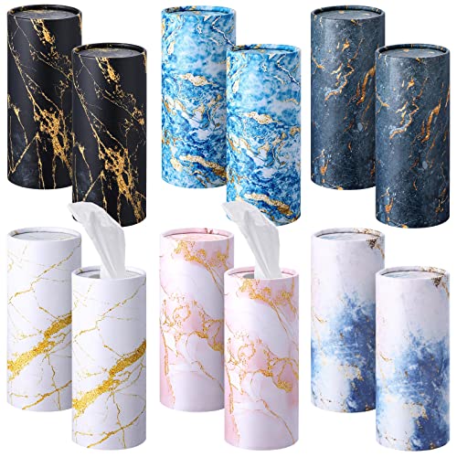 12 Pieces Cylinder Car Tissues Boxes Printed Car Napkins Round Disposable Tissues Boxes Travel Facial Tissues Boxes for Car Cup Holder (Marble Style)