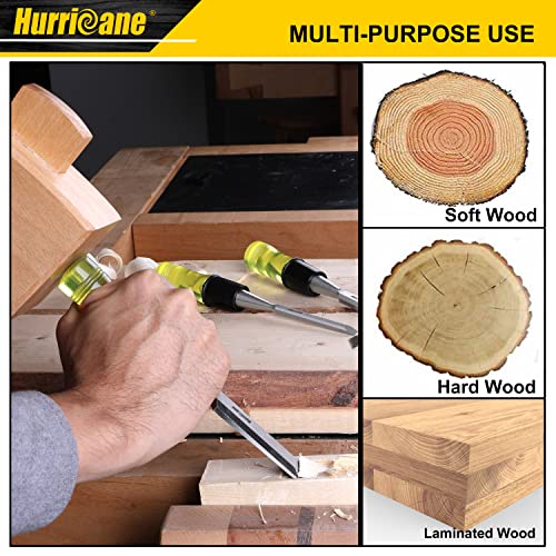 Hurricane 4 Piece Wood Chisel Set for Woodworking, CR-V Steel Beveled Edge Blade, Durable PVC High Impact Handle Wood Chisel