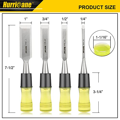 Hurricane 4 Piece Wood Chisel Set for Woodworking, CR-V Steel Beveled Edge Blade, Durable PVC High Impact Handle Wood Chisel