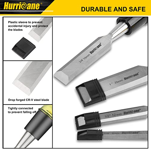 Hurricane 4 Piece Wood Chisel Set for Woodworking, CR-V Steel Beveled Edge Blade, Durable PVC High Impact Handle Wood Chisel