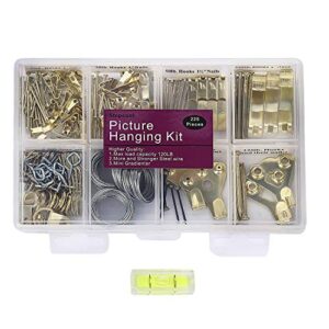 picture hangers, picture hanging kit, 225pcs heavy duty frame hooks hardware with nails, hanging wire, screw eyes, d ring and sawtooth for wall mounting