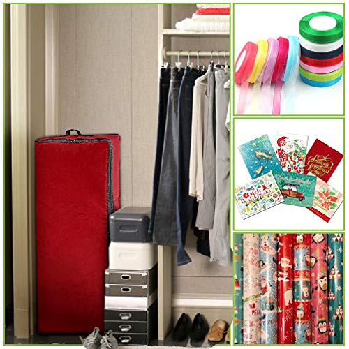 Primode Wrapping Paper Storage Container, Gift Wrap Organizer Under Bed, 41”x14”x6”, Fits 18-24 Rolls Up to 40”, Durable 600D Oxford Material, Wrap Storage Box Holder with Pockets for Ribbon, Bows, and Accessories (Red)