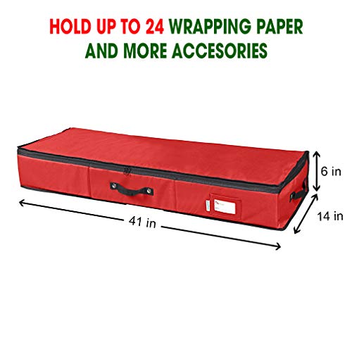 Primode Wrapping Paper Storage Container, Gift Wrap Organizer Under Bed, 41”x14”x6”, Fits 18-24 Rolls Up to 40”, Durable 600D Oxford Material, Wrap Storage Box Holder with Pockets for Ribbon, Bows, and Accessories (Red)