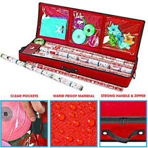 Primode Wrapping Paper Storage Container, Gift Wrap Organizer Under Bed, 41”x14”x6”, Fits 18-24 Rolls Up to 40”, Durable 600D Oxford Material, Wrap Storage Box Holder with Pockets for Ribbon, Bows, and Accessories (Red)