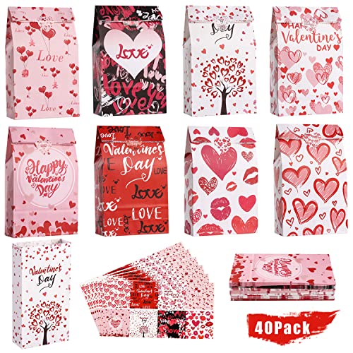 Valentines Gift Bags Party Favors - 40 PCS Valentine Paper Bags + 42 PCS Valentine Stickers for Kids Adult, 8 Patterns Valentine Treat Bags Valentine Goodies Bags for Wrapped Gifts Party Supplies Decoration