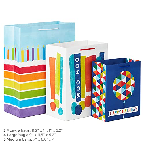 Hallmark Gift Bags in Assorted Sizes (Pack of 12 - 5 Medium 8", 4 Large 11", 3 Extra Large 14") for Birthdays, Mother's Day, Graduations, Baby Showers