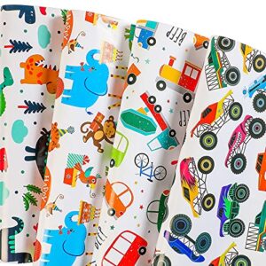 bulkytree birthday wrapping paper for boys kids, 12 sheets dinosaur, monster truck, happy animals design gift wrap for kids birthday, baby shower and holiday – 20 x 29 inch per sheet