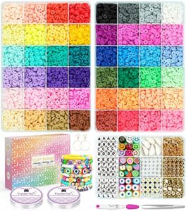 12000 pcs clay beads for bracelet making, paodey 48 colors 3 boxes polymer clay beads spacer beads kit, jewelry making kit with preppy heishi beads and elastic strings, crafts gift for girls ages 6-12