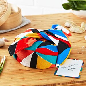 Hallmark Reusable Fabric Gift Wrap (1 Sheet: 26" x 26", Red, Yellow, Teal, Blue, Black Abstract) for Birthdays, Graduations, Baby Showers, Holidays