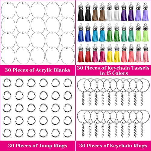 Acrylic Keychain Blanks, Audab 120pcs Clear Keychains for Vinyl Kit Including 30pcs Acrylic Blanks, 30pcs Keychain Tassels, 30pcs Key Chain Rings and 30pcs Jump Rings for DIY Keychain Vinyl Crafting