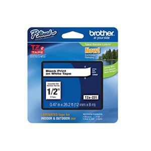 brother genuine p-touch tze-231 tape, 1/2″ (0.47″) wide standard laminated tape, black on white, laminated for indoor or outdoor use, water-resistant, 0.47″ x 26.2′ (12mm x 8m), tze231