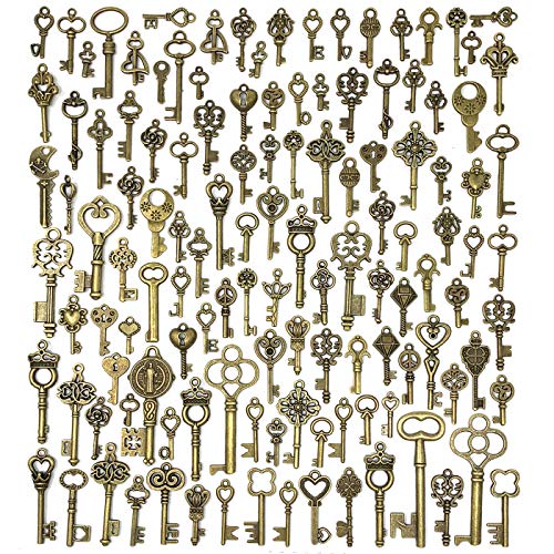 JIALEEY 125 PCS Vintage Skeleton Key Set Charms, Mixed Antique Style Bronze Brass Key Set Charms for Pendant DIY Jewelry Making Wedding Party Favors