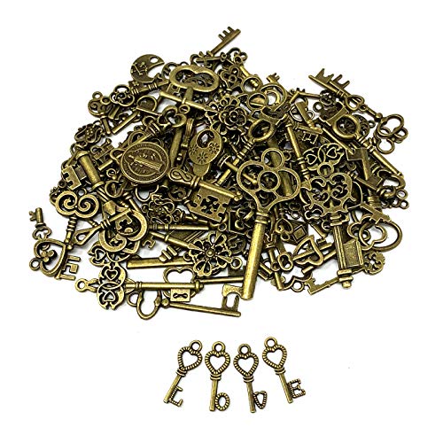 JIALEEY 125 PCS Vintage Skeleton Key Set Charms, Mixed Antique Style Bronze Brass Key Set Charms for Pendant DIY Jewelry Making Wedding Party Favors