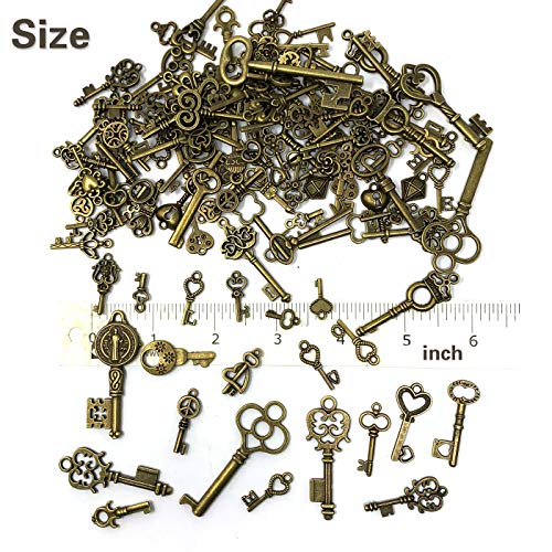 JIALEEY 125 PCS Vintage Skeleton Key Set Charms, Mixed Antique Style Bronze Brass Key Set Charms for Pendant DIY Jewelry Making Wedding Party Favors