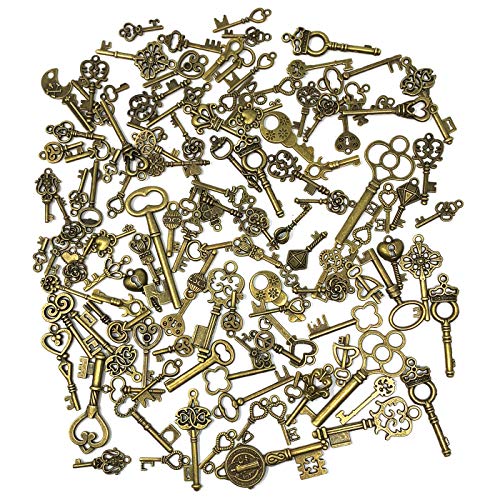 JIALEEY 125 PCS Vintage Skeleton Key Set Charms, Mixed Antique Style Bronze Brass Key Set Charms for Pendant DIY Jewelry Making Wedding Party Favors