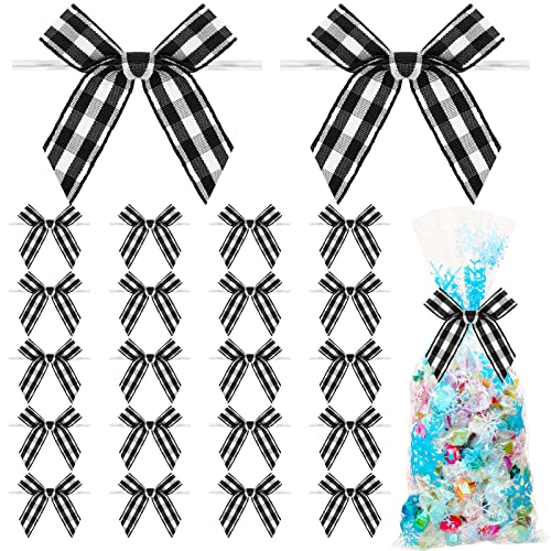 200 Pack Christmas Ribbon Bows Twist Tie Bows Checkered Ribbon 2.56 Inch Fabric Ribbons for Tying up Christmas Tree Gift Wrapping Package Craft Decorations (White, Black)