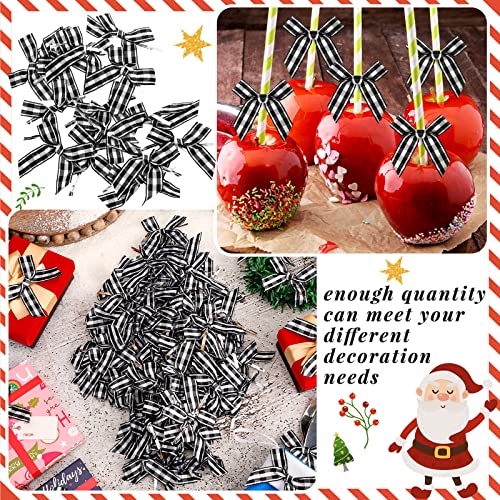 200 Pack Christmas Ribbon Bows Twist Tie Bows Checkered Ribbon 2.56 Inch Fabric Ribbons for Tying up Christmas Tree Gift Wrapping Package Craft Decorations (White, Black)