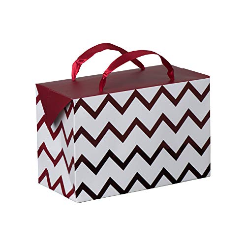 Maroon Chevron Paper Gift Bag Box (6 Pack) Foldable Party Favors Foil Stamped Treat Bags with Ribbon Handles for Baby Shower, Holiday and Birthday Parties 7"X 3.5"x 4.75”