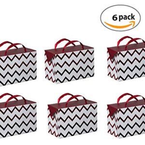 Maroon Chevron Paper Gift Bag Box (6 Pack) Foldable Party Favors Foil Stamped Treat Bags with Ribbon Handles for Baby Shower, Holiday and Birthday Parties 7"X 3.5"x 4.75”