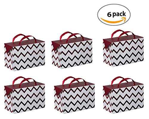 Maroon Chevron Paper Gift Bag Box (6 Pack) Foldable Party Favors Foil Stamped Treat Bags with Ribbon Handles for Baby Shower, Holiday and Birthday Parties 7"X 3.5"x 4.75”