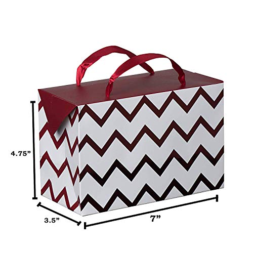 Maroon Chevron Paper Gift Bag Box (6 Pack) Foldable Party Favors Foil Stamped Treat Bags with Ribbon Handles for Baby Shower, Holiday and Birthday Parties 7"X 3.5"x 4.75”