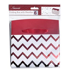 Maroon Chevron Paper Gift Bag Box (6 Pack) Foldable Party Favors Foil Stamped Treat Bags with Ribbon Handles for Baby Shower, Holiday and Birthday Parties 7"X 3.5"x 4.75”