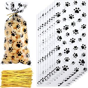 150 pieces clear treat bags paw print cellophane bags pet gift bags with 150 pieces twist ties for party supplies (black)