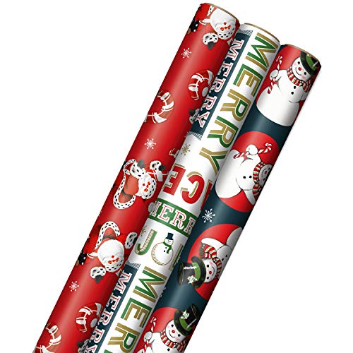 Hallmark Vintage Christmas Wrapping Paper Cut Lines on Reverse (3 Rolls: 120 sq. ft. ttl, Red, White, Navy Blue) Funny Candy Cane Santas, Classic Snowman, "Merry, Jolly, Happy, Peace"