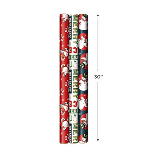 Hallmark Vintage Christmas Wrapping Paper Cut Lines on Reverse (3 Rolls: 120 sq. ft. ttl, Red, White, Navy Blue) Funny Candy Cane Santas, Classic Snowman, "Merry, Jolly, Happy, Peace"