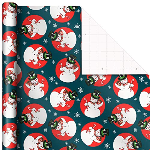 Hallmark Vintage Christmas Wrapping Paper Cut Lines on Reverse (3 Rolls: 120 sq. ft. ttl, Red, White, Navy Blue) Funny Candy Cane Santas, Classic Snowman, "Merry, Jolly, Happy, Peace"