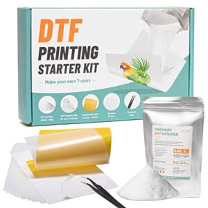 kasyu dtf transfer powder film kit for dtf sublimation printer,all-in-1 dtf starter kit- 8.8oz white digital hot melt adhesive&15 direct to film pretreat iron-on transfer paper fabric