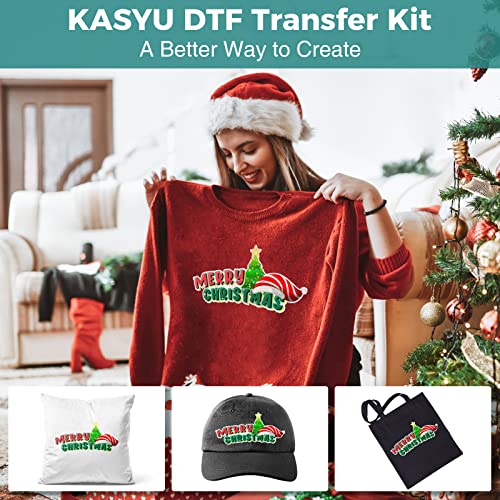 KASYU DTF Transfer Powder Film Kit for DTF Sublimation Printer,All-in-1 DTF Starter Kit- 8.8oz White Digital Hot Melt Adhesive&15 Direct to Film Pretreat Iron-on Transfer Paper Fabric