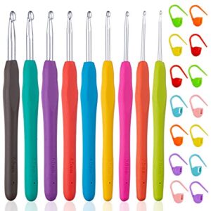 vodiye 23 pcs crochet hooks, ergonomic handle crochet hooks set for arthritic hands, comfortable smooth crochet needles extra long  knitting needles with stitch markers.