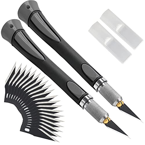 FOSHIO 2 Pack Precision Craft Knife Set with 20 Pieces Replacement Blades, Ergonomic Non-Slip Handle Hobby Knife with Protective Cover for Art, Craft Scrapbooking, Stencil (Grey)