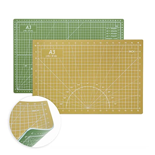 Self Healing Cutting Mat 12inch x 18inch,Professional Double Sided Durable Non-Slip Rotary Mat for Scrapbooking, Quilting, Sewing-3mm Thick 5-Ply A3(fern green/ochre yellow)