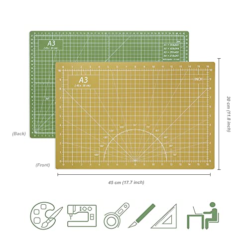 Self Healing Cutting Mat 12inch x 18inch,Professional Double Sided Durable Non-Slip Rotary Mat for Scrapbooking, Quilting, Sewing-3mm Thick 5-Ply A3(fern green/ochre yellow)